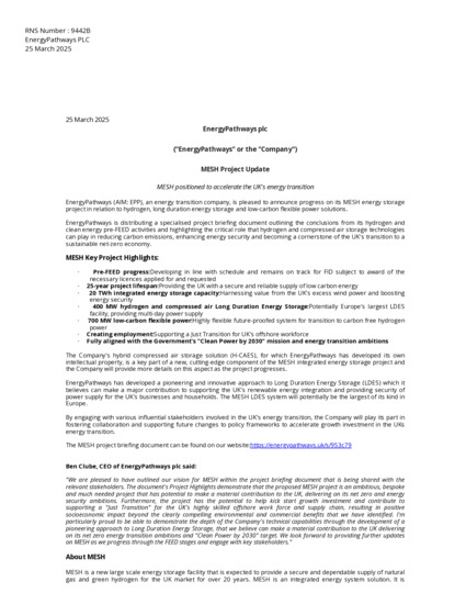 LSE:EPP - EnergyPathways PLC - MESH Project Update