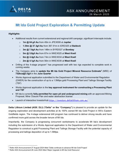 ASX:DLI - Mt Ida Gold Exploration Results and Permitting Update