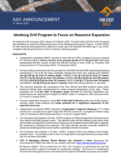 ASX:FEG - Idenburg Drill Program to Focus on Resource Expansion
