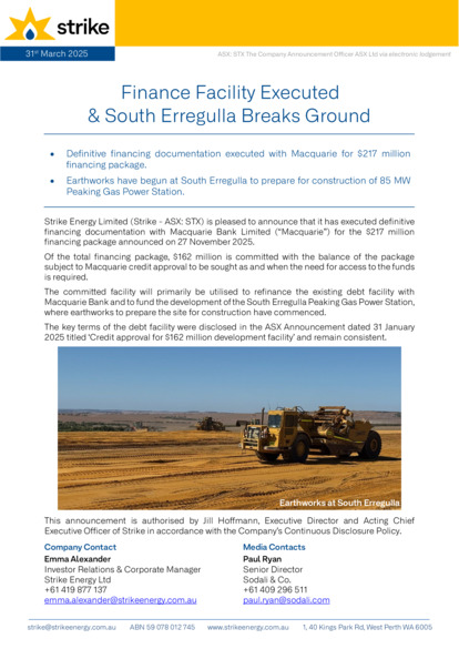 ASX:STX - Finance Facility Executed & South Erregulla Breaks Ground