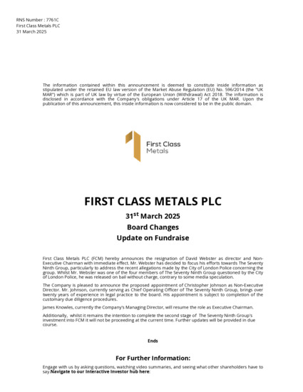 LSE:FCM - First Class Metals - Board Changes and Update on Fundraise