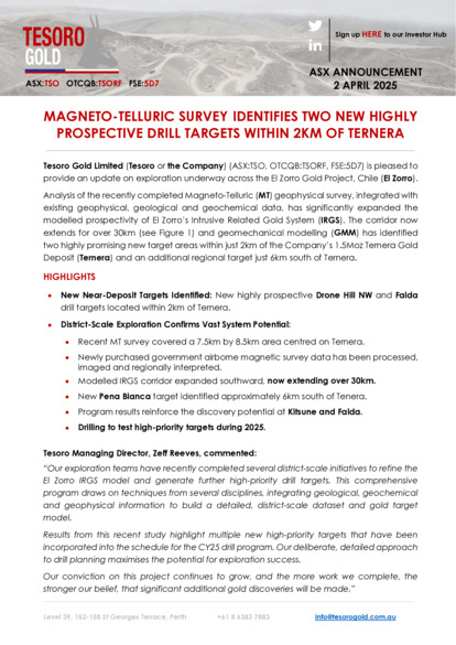 ASX:TSO - Magneto-Telluric Survey Identifies Prospective Drill Targets