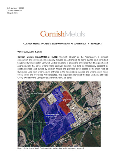 LSE:CUSN - Cornish Metals Inc. - INCREASE OF LAND OWNERSHIP AT SOUTH CROFTY