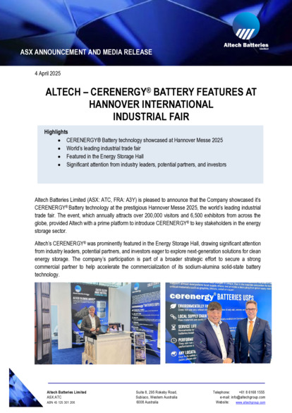 ASX:ATC - Altech - CERENERGY at Hannover International Industrial Fair