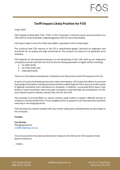 ASX:FOS - Tariff Impact Likely Positive