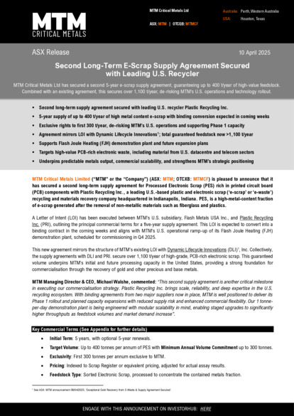 ASX:MTM - MTM Signs Second Long-Term U.S. E-Waste Supply Agreement