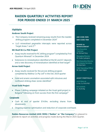 ASX:RDN - Quarterly Activities/Appendix 5B Cash Flow Report
