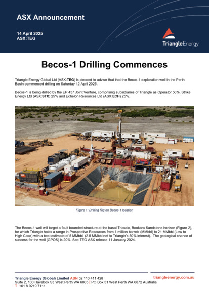 ASX:STX - TEG: Becos-1 Drilling Commences