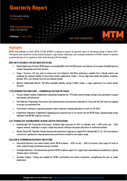 ASX:MTM - Quarterly Activities/Appendix 5B Cash Flow Report