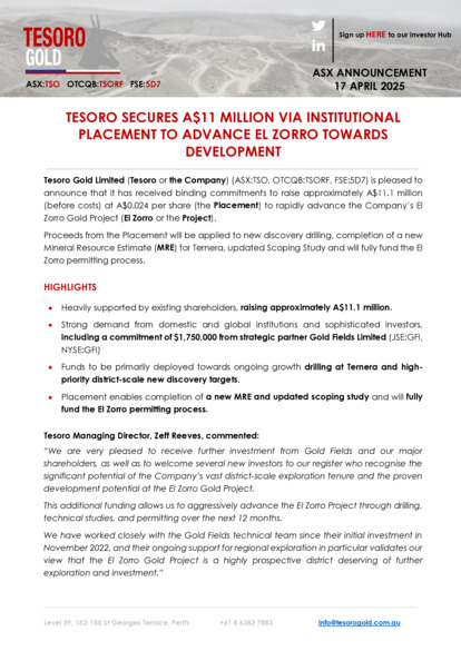 ASX:TSO - Tesoro Secures A$11M to Advance El Zorro Towards Development