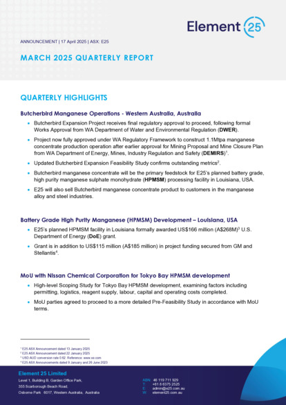 ASX:E25 - Quarterly Activities/Appendix 5B Cash Flow Report