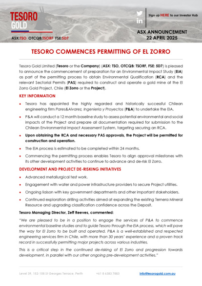 ASX:TSO - Tesoro Commences Permitting of El Zorro