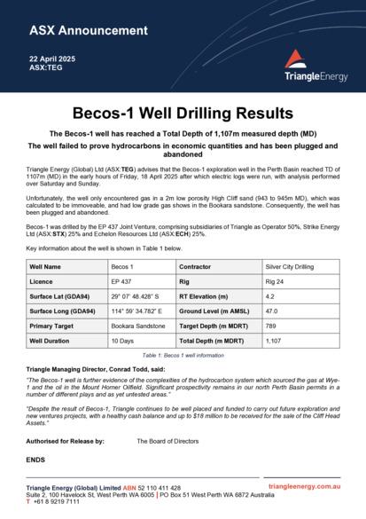 ASX:STX - TEG: Becos-1 Well Drilling Results
