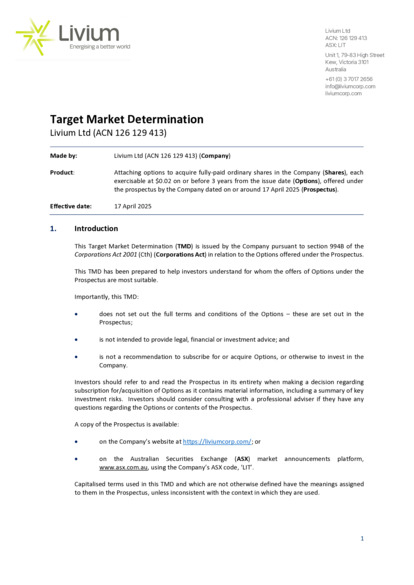 ASX:LIT - Target Market Determination - Options Prospectus