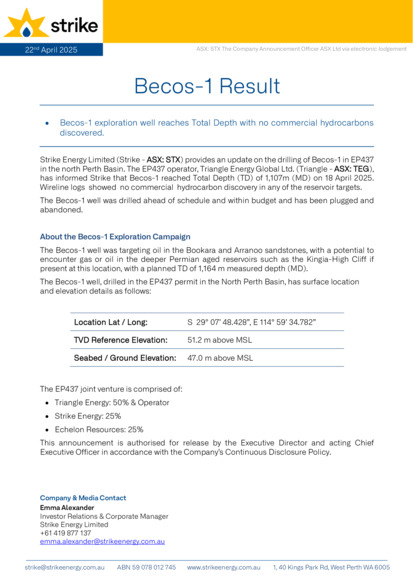 ASX:STX - Becos-1 Result
