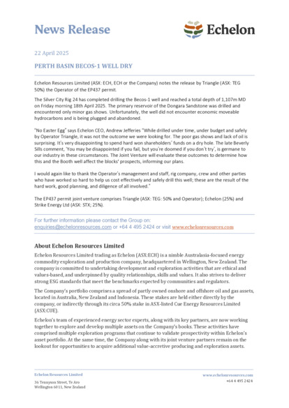 ASX:STX - ECH: PERTH BASIN BECOS-1 WELL DRY