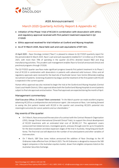 ASX:RAC - March 2025 Quarterly Activity Report and Appendix 4C