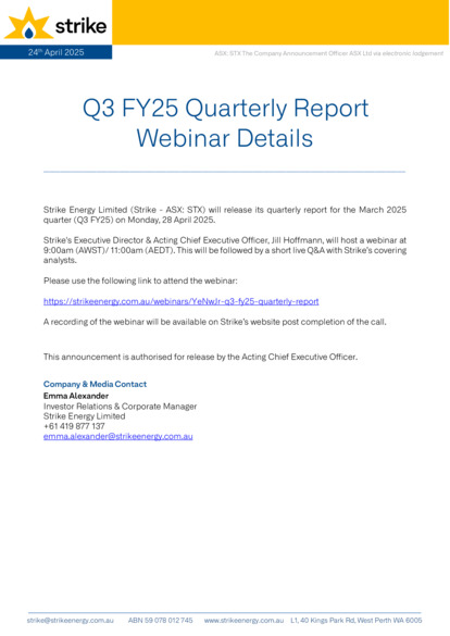 ASX:STX - Q3 FY25 Quarterly Report Webinar Details