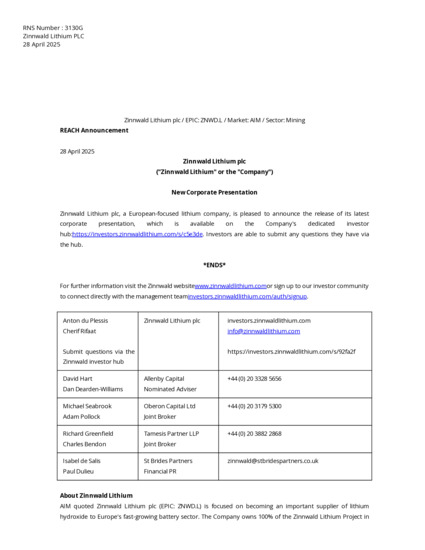 LSE:ZNWD - Zinnwald Lithium PLC - New Corporate Presentation