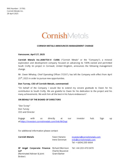 LSE:CUSN - Cornish Metals Inc. - CORNISH METALS ANNOUNCES MANAGEMENT CHANGE