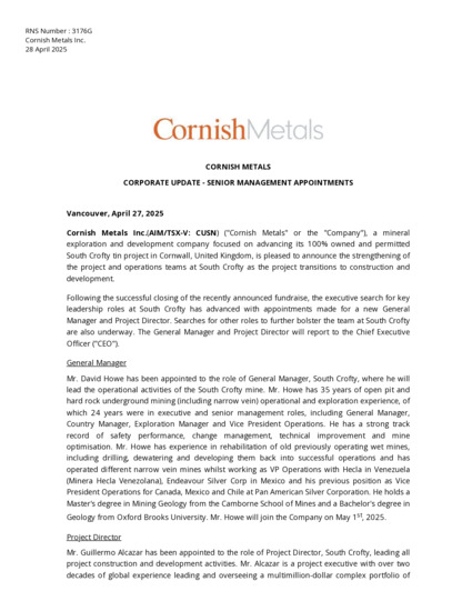 LSE:CUSN - Cornish Metals Inc. - CORPORATE UPDATE – SENIOR MANAGEMENT ...