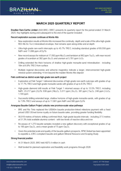 ASX:BRE - March 2025 Quarterly Report and Appendix 5B