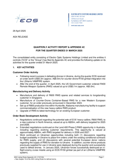 ASX:EOS - Quarterly Activity Report and Appendix 4C - March 2025