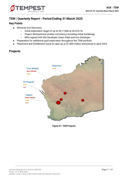 ASX:TEM - Quarterly Activities/Appendix 5B Cash Flow Report