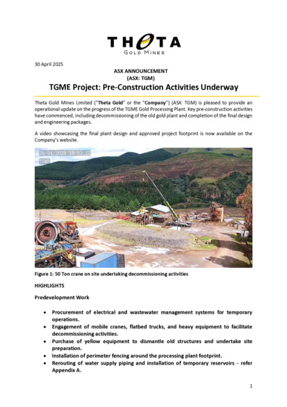 ASX:TGM - TGME Gold Project - Pre-Construction Activities Underway