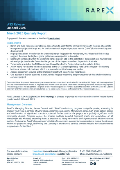 ASX:REE - Quarterly Activities/Appendix 5B Cash Flow Report