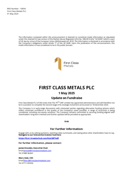 LSE:FCM - First Class Metals - Update on Fundraise