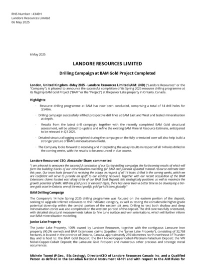 LSE:LND - Landore Resources Ld - Drilling Campaign at BAM Gold Project ...