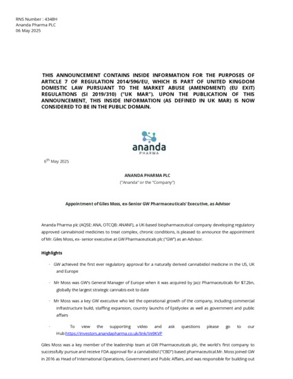 AQSE:ANA - Ananda Pharma PLC - Appointment of Giles Moss as Advisor