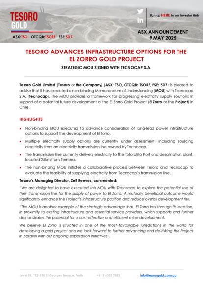 ASX:TSO - Tesoro Advances Infrastructure Options for El Zorro