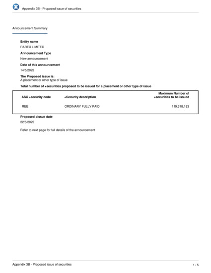 ASX:REE - Proposed issue of securities - REE