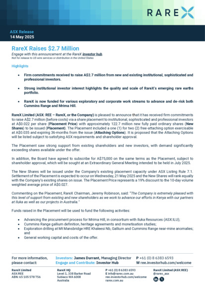 ASX:REE - RareX Raises $2.7 Million