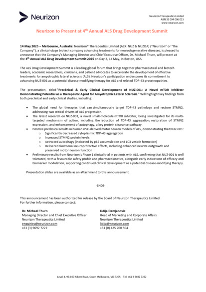 ASX:NUZ - Neurizon to present at Annual ALS Drug Development Summit