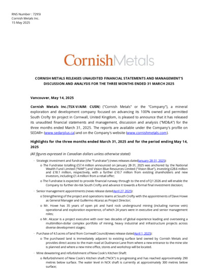 LSE:CUSN - Cornish Metals Inc. - UNAUDITED FINANCIAL STATEMENTS FOR Q1 2025