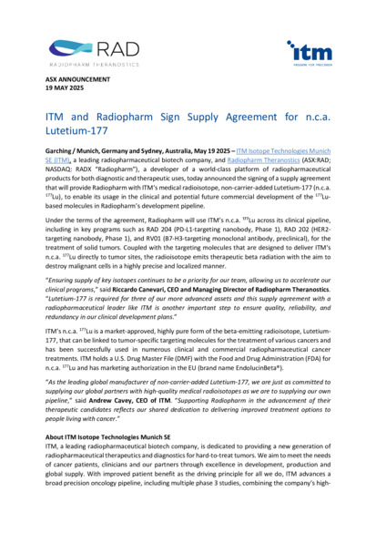 ASX:RAD - ITM and RAD Sign Supply Agreement for n.c.a. Lutetium-177