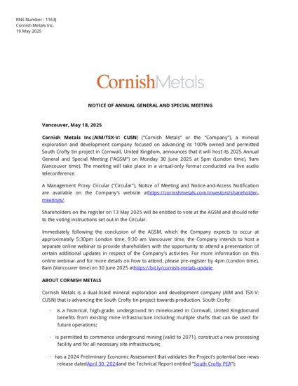 LSE:CUSN - Cornish Metals Inc. - NOTICE OF ANNUAL GENERAL AND SPECIAL ...