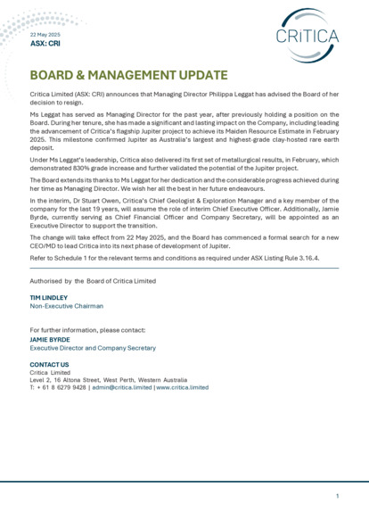 ASX:CRI - Board and Management Update