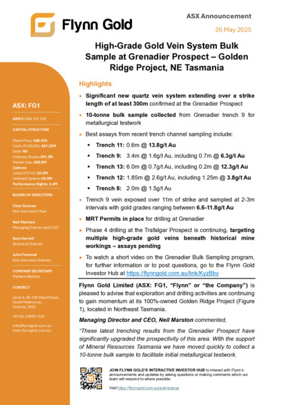 ASX:FG1 - High-Grade Gold Vein System Bulk Sample - Grenadier Prospect