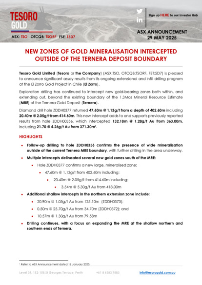 ASX:TSO - New Gold Zones intercepted at Ternera