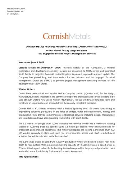LSE:CUSN - Cornish Metals Inc. - UPDATE FOR THE SOUTH CROFTY TIN PROJECT