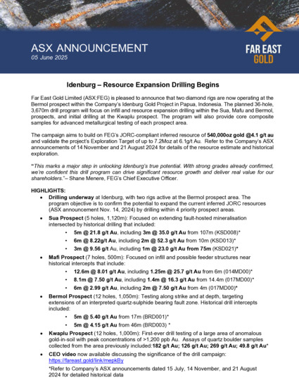 ASX:FEG - Idenburg - Resource Expansion Drilling Begins