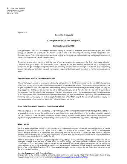 LSE:EPP - EnergyPathways PLC - MESH - Contract Award