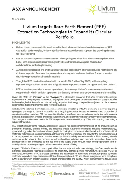 ASX:LIT - Livium targets Rare-Earth Element extraction technologies