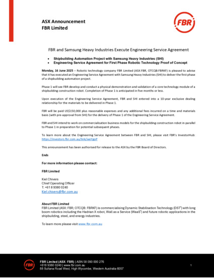ASX:FBR - Samsung Heavy Industries sign Engineering Service Agreement