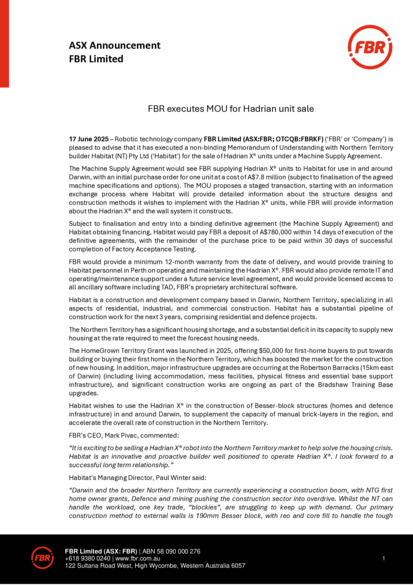 ASX:FBR - FBR executes MOU for Hadrian unit sale
