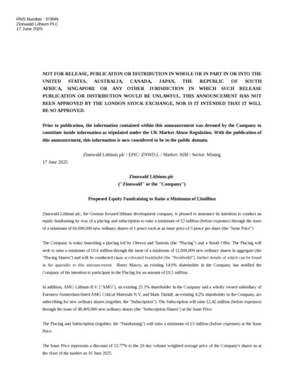 LSE:ZNWD - Zinnwald Lithium PLC - Proposed Fundraising of a Minimum of £3 million